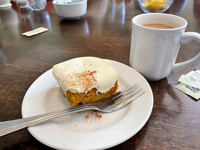 A slice of spiced goodness with cream cheese frosting and a cup of coffee. Some call it dessert; I call it emotional support.