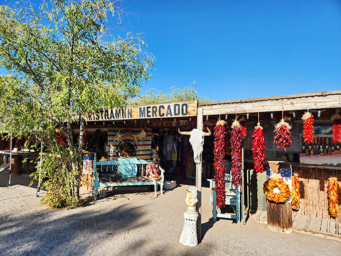 Chile ristras hang like ruby curtains at this roadside mercado, where the state question—"Red or green?"—is answered with colorful, spicy abundance.