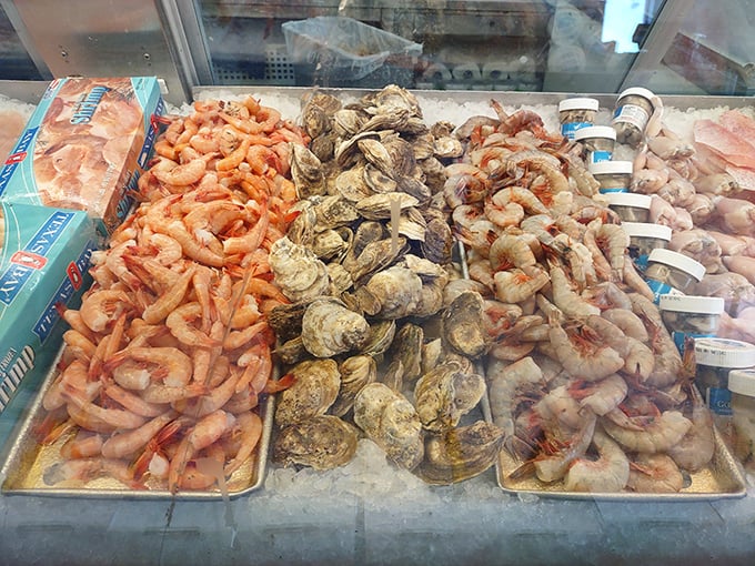 Fresh shrimp and oysters on ice, proving Kansas City takes its seafood game seriously despite geographical challenges.