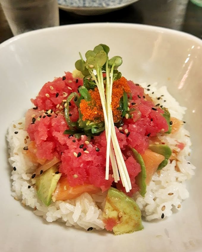The seafood poke don—a colorful mountain of fresh fish, avocado and tobiko that makes you want to climb it with nothing but chopsticks.