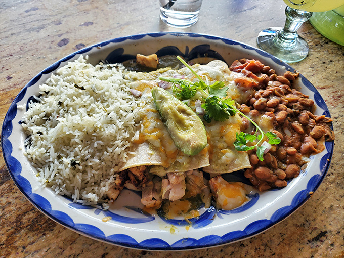 A plate that tells a story—rice, beans, and enchiladas creating a colorful trilogy of flavors that would make any abuela proud.