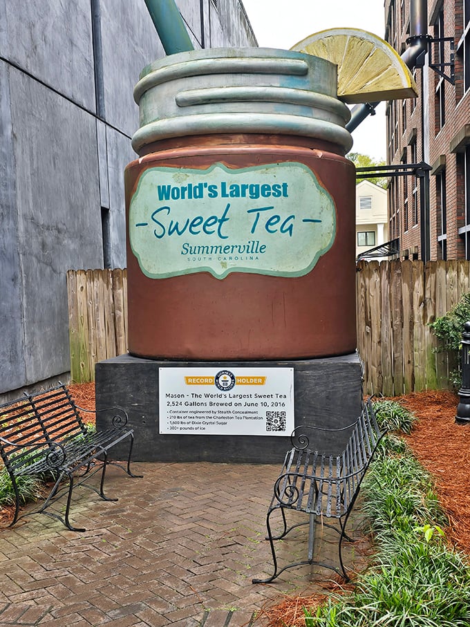 Two benches invite weary travelers to sit and contemplate life's big questions—like how many actual tea bags went into the record-breaking brew. 