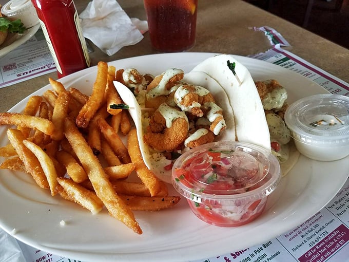 Shrimp tacos that bring a little south-of-the-border flair to the Eastern Shore. The seafood equivalent of a beach vacation in every bite.