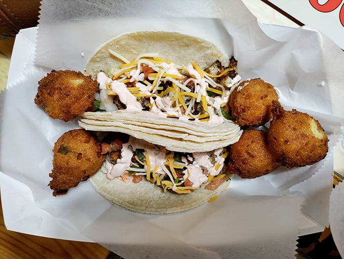 These aren't just tacos, they're edible beach parties – crispy hushpuppies, fresh slaw, and a soft tortilla bringing the Gulf Coast fiesta to your table.