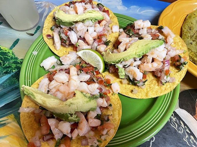 Shrimp tacos topped with avocado slices—nature's butter—creating a seafood fiesta that would make Poseidon himself jealous.