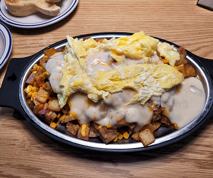 A breakfast omelet that knows its supporting role, letting those gloriously crispy hash browns steal the spotlight in this morning performance.