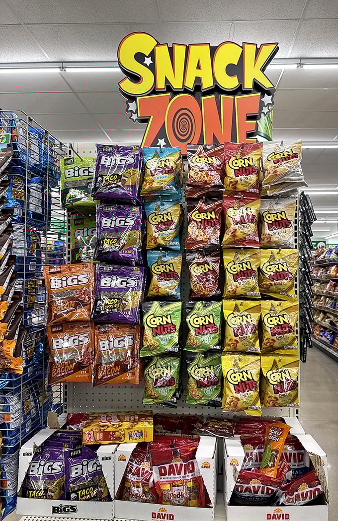 The "Snack Zone" isn't just an area—it's a destination. BiGs and Corn Nuts standing at attention like colorful, crunchy soldiers awaiting your selection.
