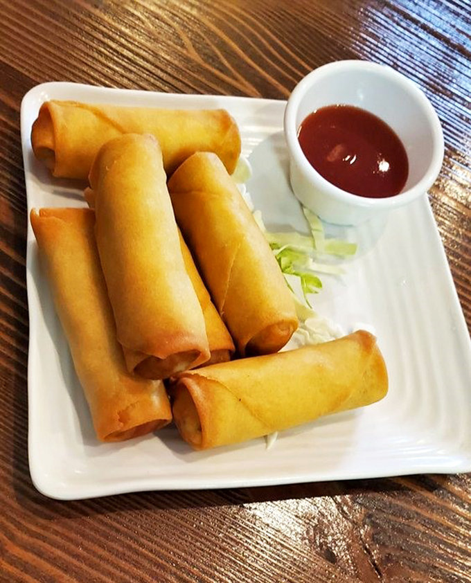 Spring rolls lined up like delicious sentinels guarding the gateway to flavor town. Their crispy exteriors hide vegetables and meat in perfect harmony.