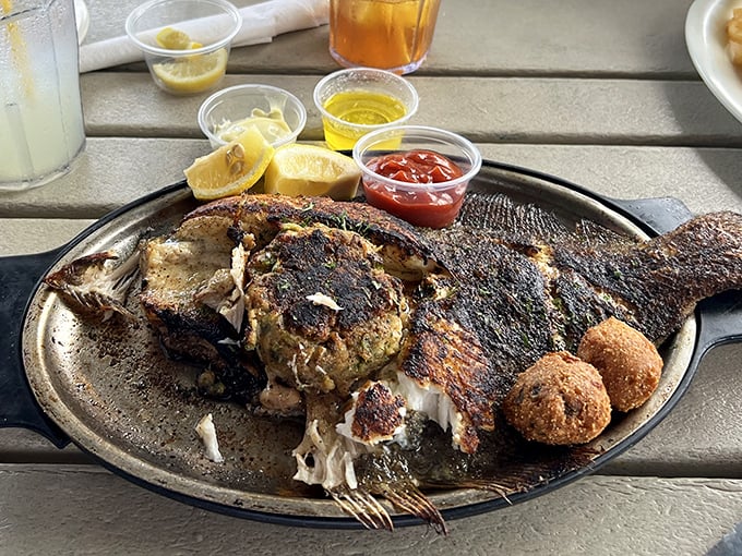 The stuffed flounder arrives like seafood royalty on its throne, flanked by hushpuppy courtiers and lemon wedge attendants.