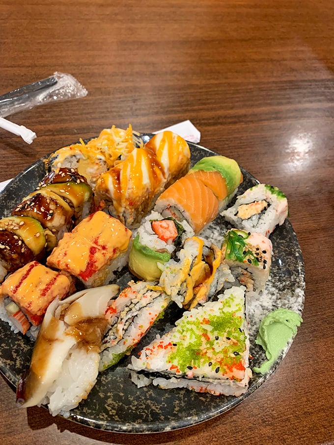 Sushi that's actually fresh at a buffet? It's not a myth—these colorful rolls are proof that sometimes you can have your cake and eat sushi too.