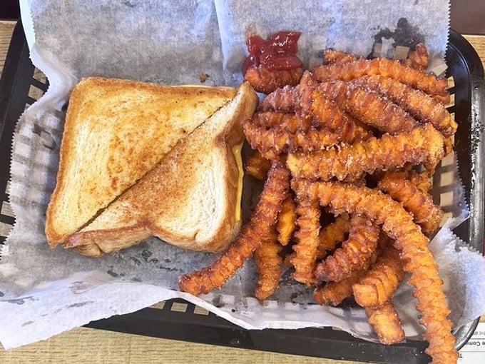 A sandwich and sweet potato fries basket that proves simplicity is the ultimate sophistication. That crispy, wavy orange goodness is calling your name.