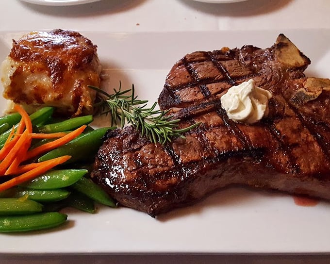 Behold the Harris Steak – crosshatched grill marks creating a geometric masterpiece that would make both mathematicians and carnivores swoon.