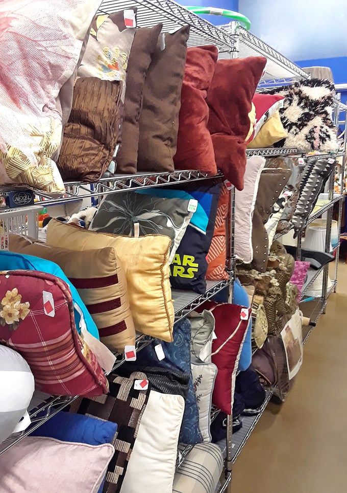 A mountain of throw pillows that could furnish a thousand couches or build the world's softest fort—decorator's heaven at bargain basement prices.
