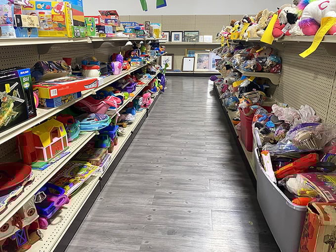 Toy aisles bursting with childhood nostalgia—where parents reminisce about their own Barbies while kids discover the joy of pre-loved playthings.