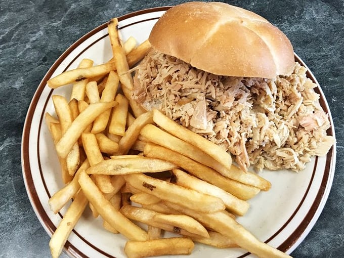 This BBQ turkey sandwich isn't trying to impress anyone with fancy plating—it's too busy delivering straightforward deliciousness with those perfect fries.