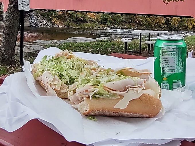 Picnic perfection – a classic hoagie enjoyed creekside proves that sometimes the best dining room has no walls at all.