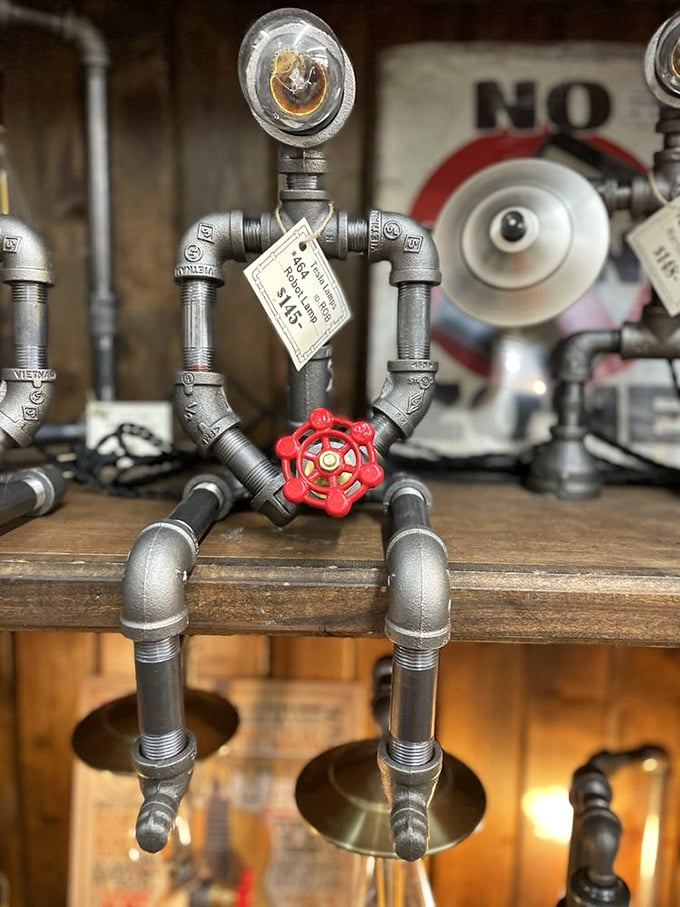 This whimsical pipe-fitting robot proves that one person's plumbing parts are another's industrial art masterpiece—creativity knows no bounds here.