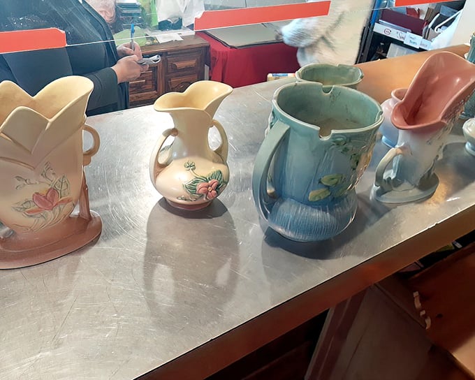 These pastel pottery pieces aren't just vessels—they're mid-century color stories waiting to brighten someone's windowsill or dinner table once again.