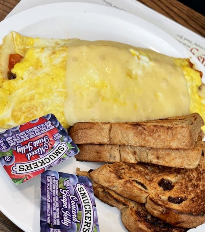 An omelet that's practically a work of art—cheese melting over perfectly cooked eggs with toast standing by for the encore.
