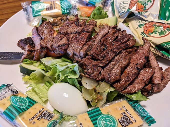 A steak salad that doesn't apologize for being both healthy and indulgent. Those perfectly seared strips would make any steakhouse proud.