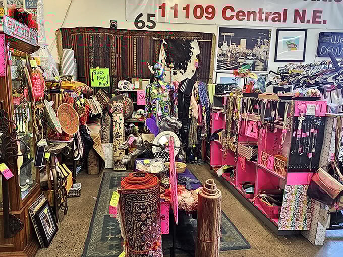Cultural artifacts and vibrant accessories collide in this corner of the market – a kaleidoscope of color for the fashion-forward treasure hunter.