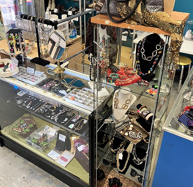 Jewelry cases where time stands still—vintage clip-ons and costume pieces waiting for their second act on your ears or around your neck.