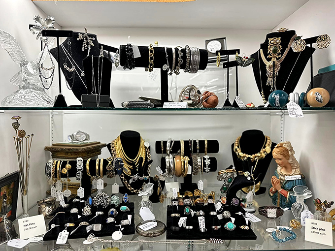 Jewelry displays that sparkle with history. Each bracelet and brooch waiting for its second chance to attend a special occasion.