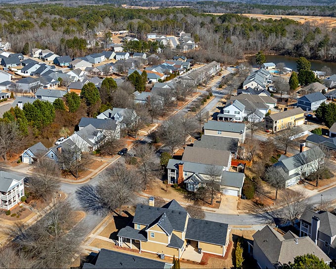 From above, Covington's neighborhoods reveal thoughtful planning and abundant greenery—suburban living with a distinctly Southern accent.