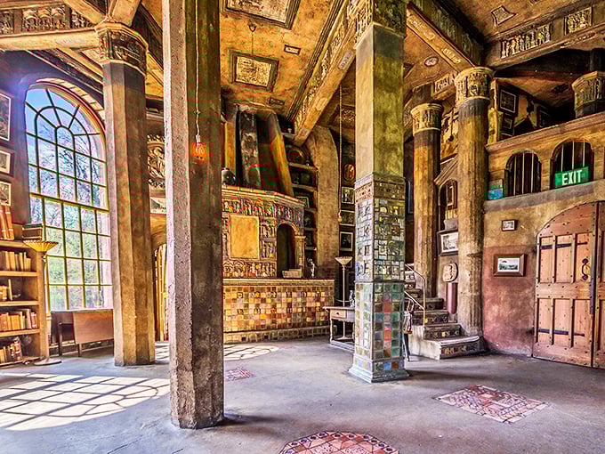 Concrete columns frame a space where medieval monastery meets Arts and Crafts movement in glorious rebellion.