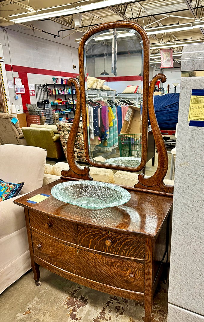This isn't just an antique oak dresser—it's a time machine with drawers, complete with mirror that's reflected a century of morning routines.