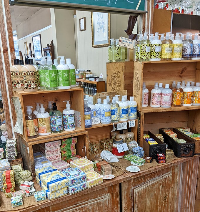 Soaps and lotions arranged like a fragrant library of self-care. Even the wooden shelving tells a story of rustic elegance.
