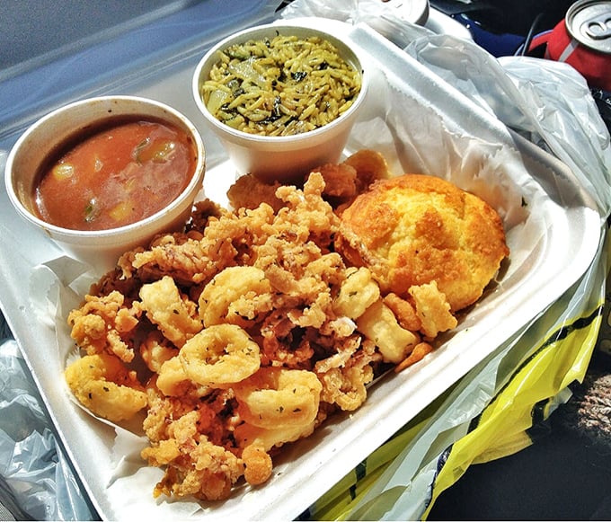 Seafood gets the royal treatment too. These calamari and shrimp look like they've been dipped in liquid gold and fried to crunchy perfection.