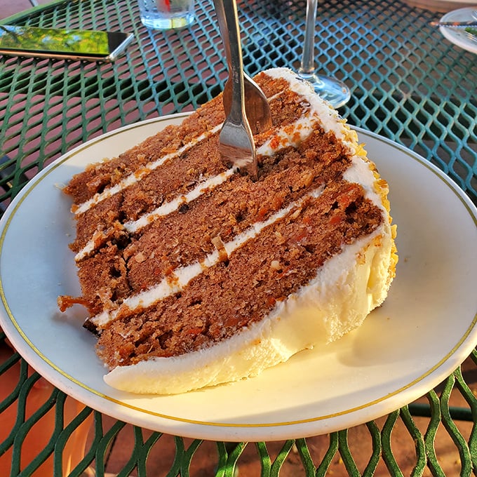 Layer upon layer of moist carrot cake with cream cheese frosting—proof that Charlie's knows the importance of a grand finale.