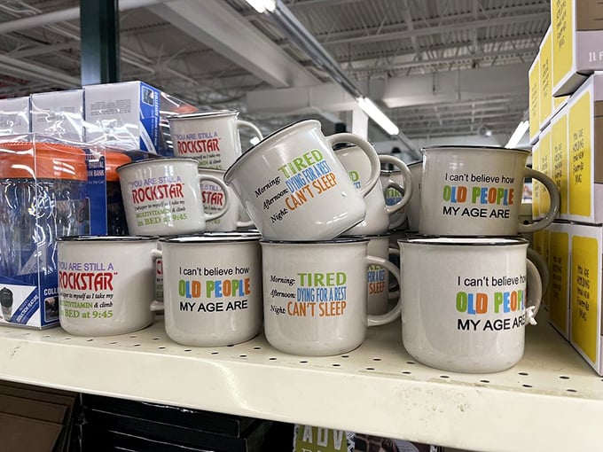 Age-related humor in ceramic form. These mugs understand that getting older is better with coffee and a side of self-deprecation.