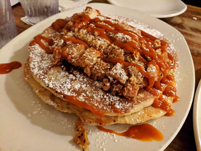 The chicken and pancakes combo – where savory meets sweet in a relationship that actually works.