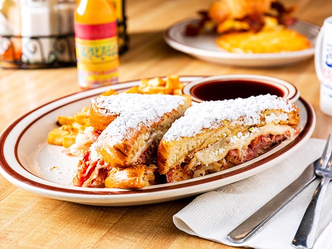 Monte Cristo meets grilled cheese in this golden-brown masterpiece. Powdered sugar adds that sweet-savory magic that makes you wonder why you'd eat anything else.