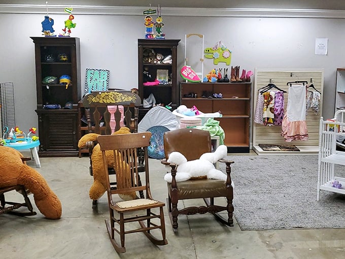 The children's section – where giant teddy bears and vintage rocking chairs create a nostalgic playground for the young at heart.