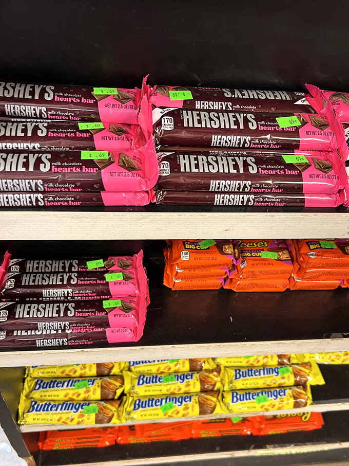 Valentine's chocolate without the Valentine's markup. Hershey's Hearts and Butterfinger bars waiting to sweeten someone's day—or just yours.