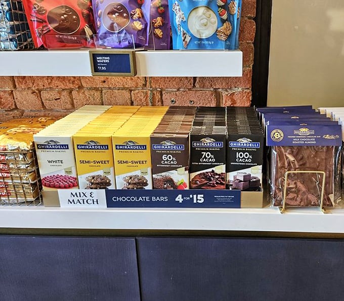 A chocolate rainbow of possibilities, from white to 100% cacao. Like choosing between children, if your children were delicious chocolate bars.