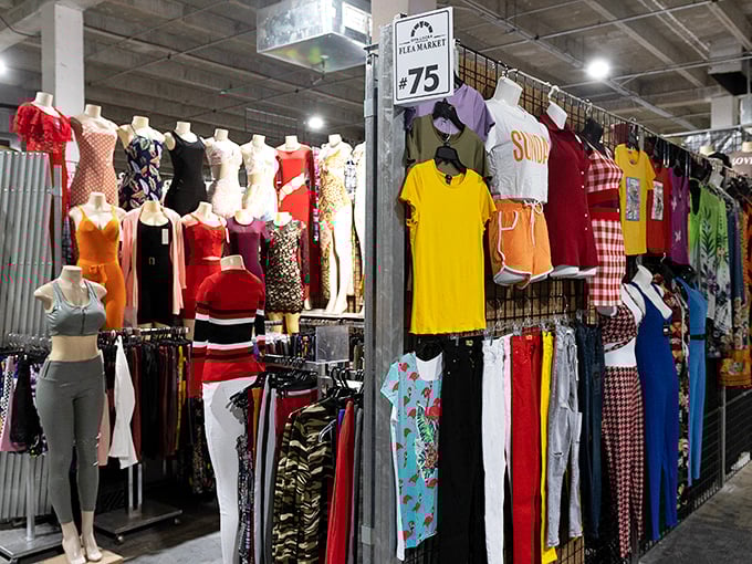 Mannequins model the latest fashions while clothing displays burst with color. Stall #75 offers everything from Sunday best to casual Friday in one convenient stop.