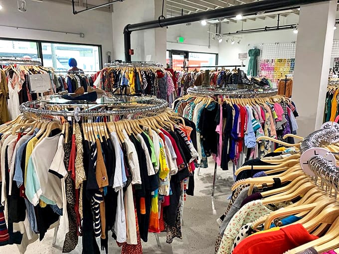Circular racks create a fashion carousel where each spin might reveal that perfect piece you never knew your wardrobe desperately needed.