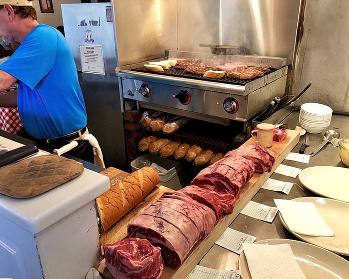 Behold the altar where beef becomes transcendent. This cooking area isn't just a kitchen—it's a workshop where primal cuts transform into edible art.