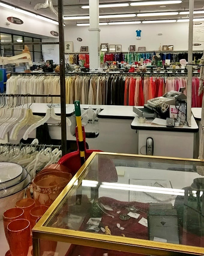 Glassware and jewelry await new homes. One person's "I never use this" becomes another's "I can't believe I found this!"