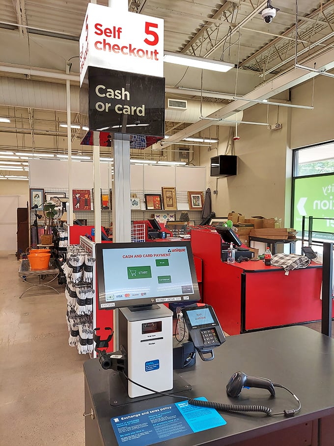 Self-checkout station number five stands ready for your thrifting triumph, the final step in your journey from bargain hunter to proud new owner.