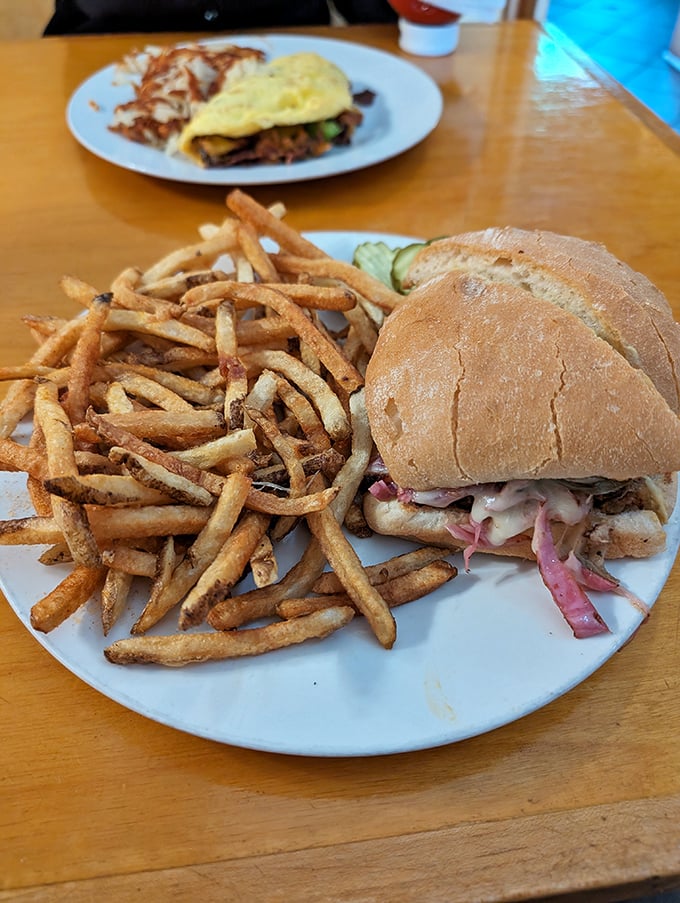 This sandwich and fries combo isn't just lunch—it's therapy on a plate. The kind of meal that makes you forget about emails waiting in your inbox.