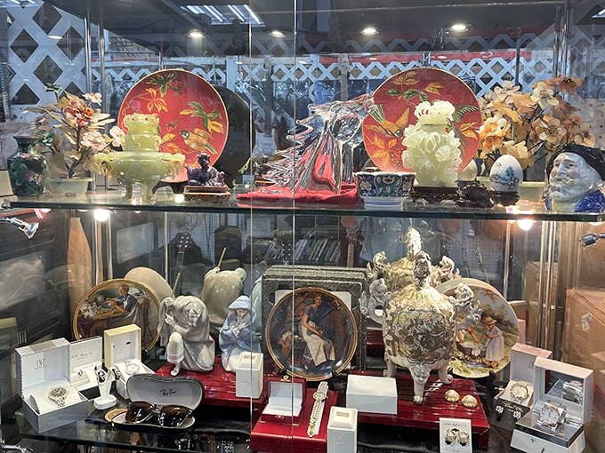 Curated chaos of collectibles—where porcelain figurines and decorative plates create a museum of memories that someone else's grandmother cherished.