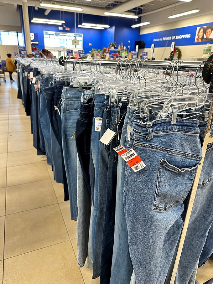 Denim heaven, where jeans of every wash and vintage hang like an indigo rainbow, waiting for their perfect match to walk by.
