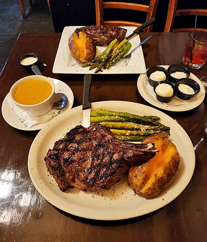 Two steaks, two sides, and one soup that together create the kind of meal that makes you postpone your diet until tomorrow.
