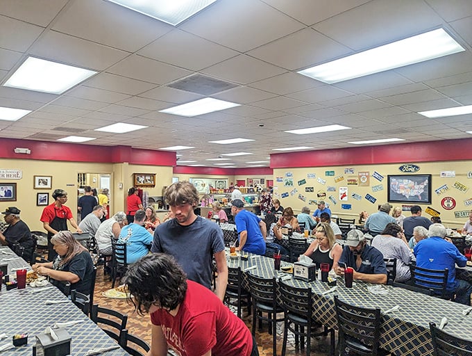 The dining room at Shealy's—where strangers become friends and diet plans go to die happy deaths.