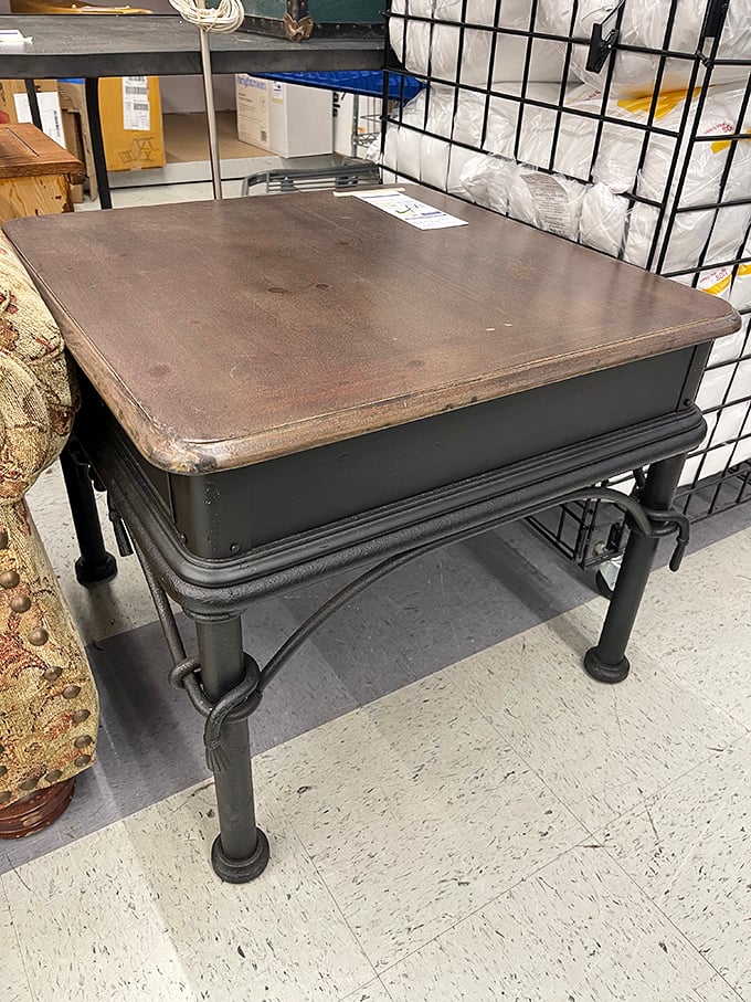 This industrial-style end table has stories to tell—and at thrift store prices, you can afford to listen while giving it a new chapter.